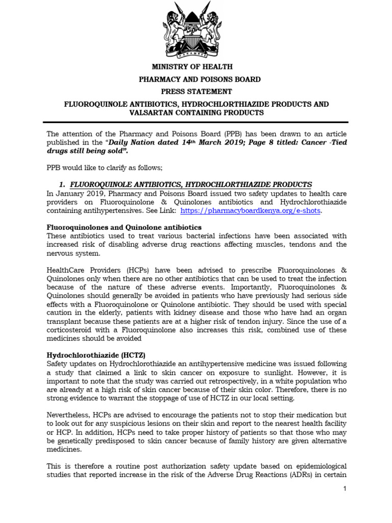 Press Statement Fluoroquinole Antibiotics Hydrochlorthiazide Products ...