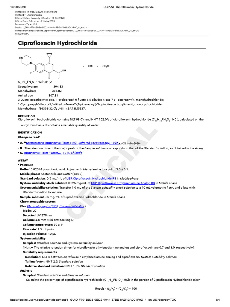 USP-NF Ciprofloxacin Hydrochloride Guide | PDF | Chromatography ...