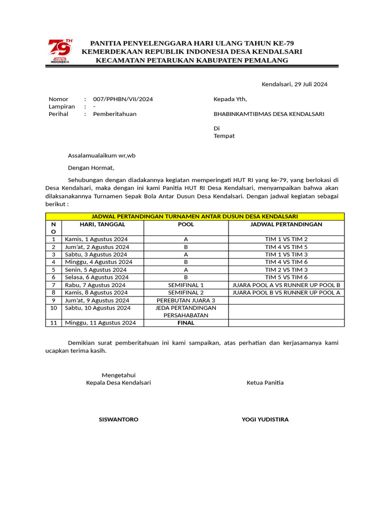 Surat Tembusan Turnamen HUT RI 79 | PDF | Olahraga & Rekreasi
