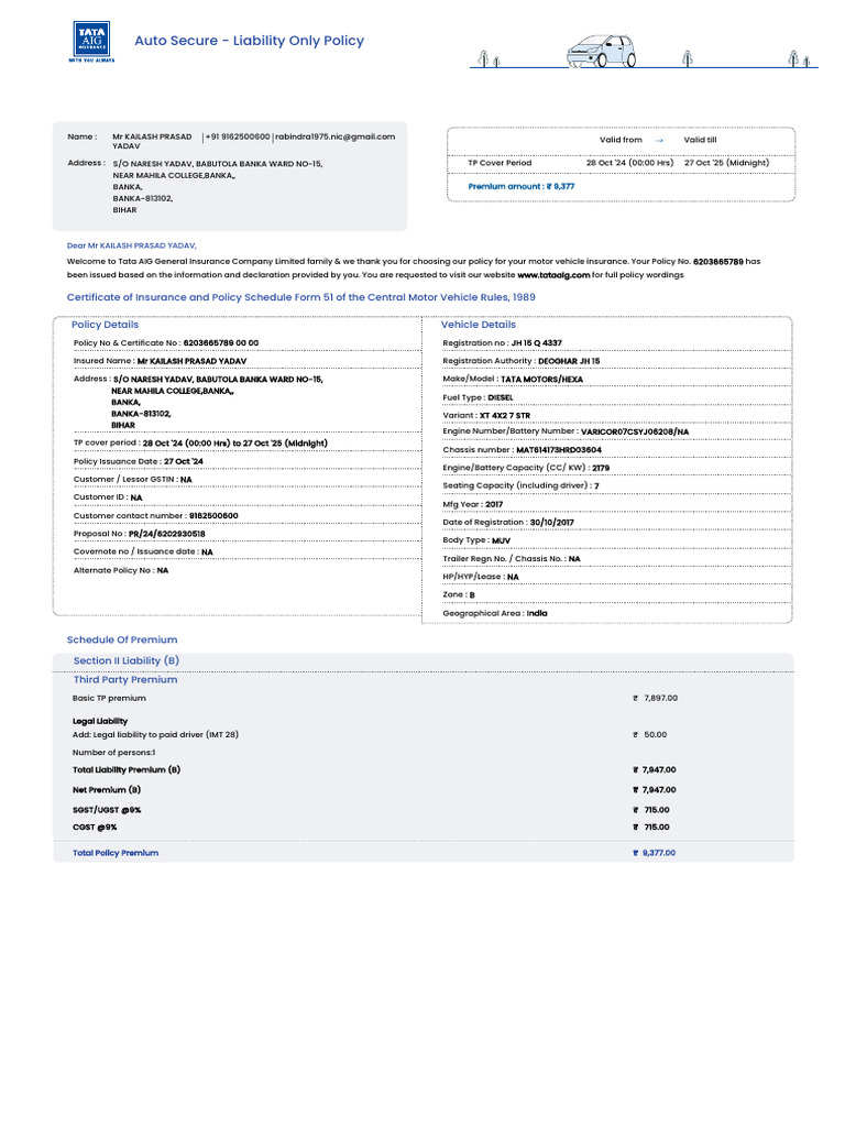 Tata AIG Motor Policy Schedule 3184 6203665789 | PDF | Insurance | Receipt