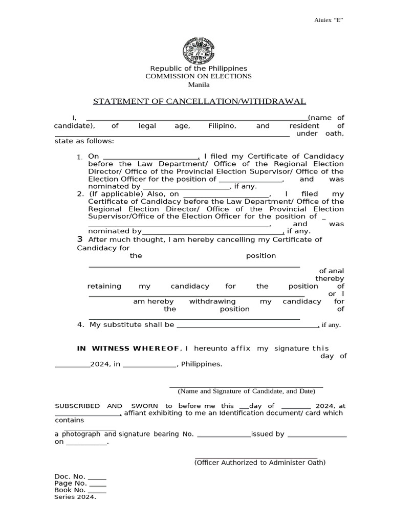 Candidate Withdrawal Statement Form | PDF | Affidavit | Government