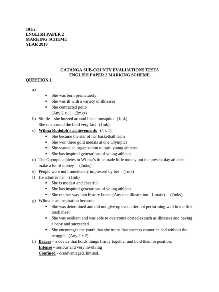 Sub County Eng Paper 2 Marking Scheme | PDF