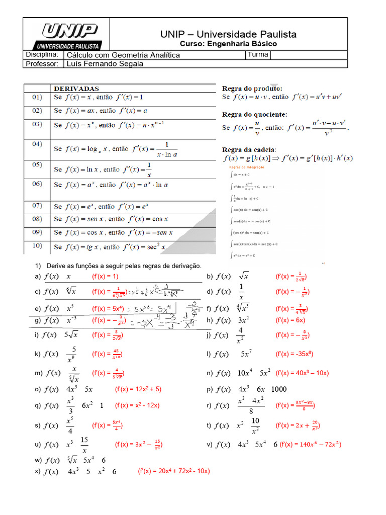 Lista de Exercícios Derivadas Com Respostas | PDF