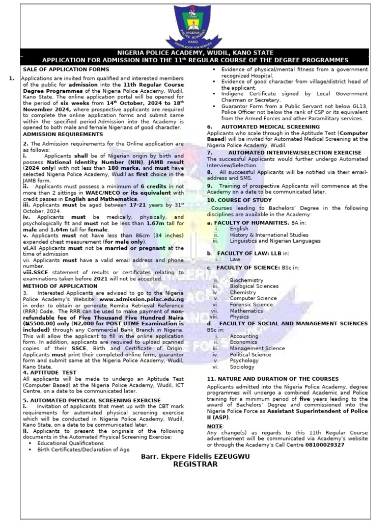 Application For Admission Course 11 ADVERT FOR SALE - POLAC 11 22 | PDF ...