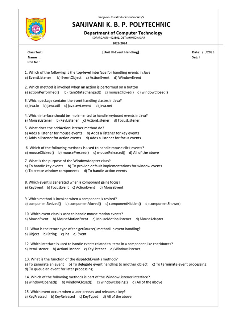 AJP-Event Handling MCQ'S 1st | PDF | Window (Computing) | Software Engineering