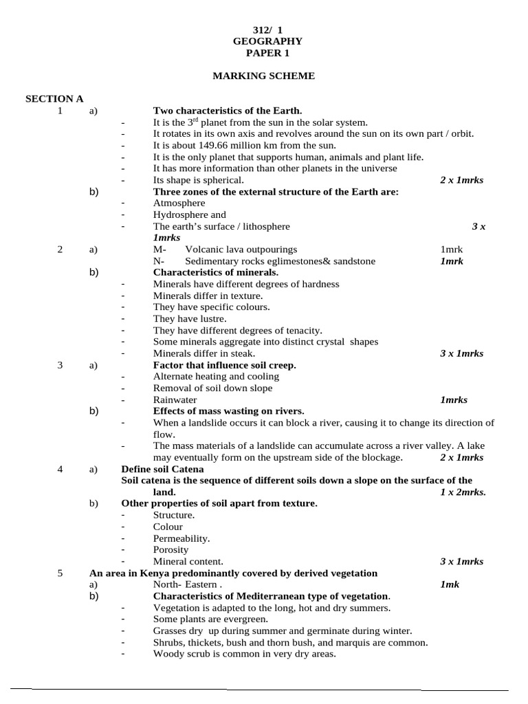 Geography Paper 1 Marking Scheme Form 4 Term 1 Exam 2018 | PDF | Igneous Rock | Lava