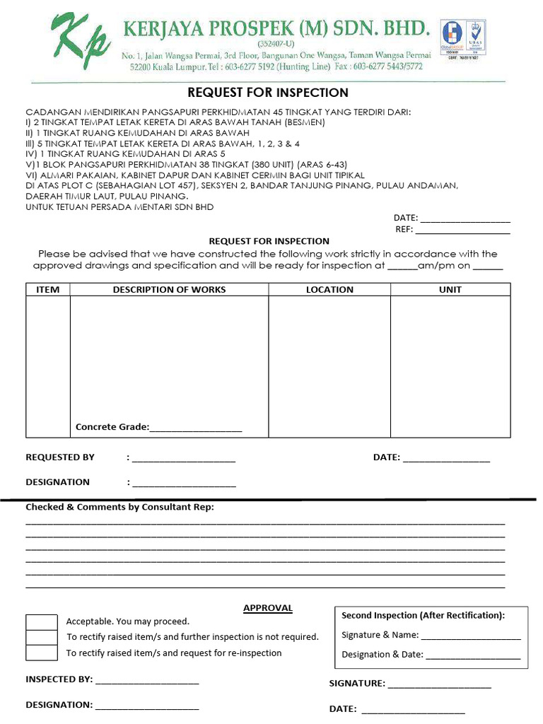 TSSC Request For Inspection 16C MBW | PDF