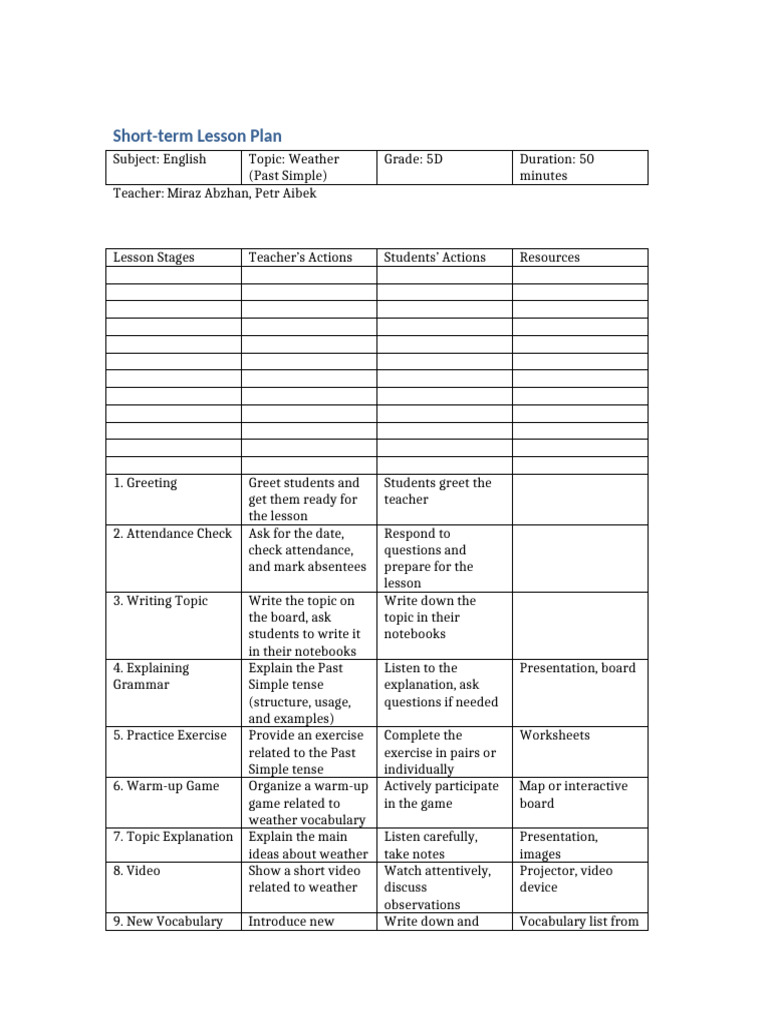 Short-Term Lesson Plan Weather 5D | PDF | Vocabulary | Lesson Plan