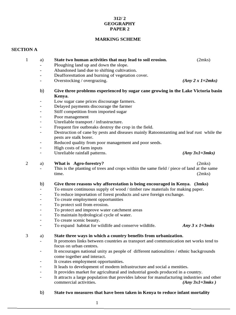 Geography Paper 2 Marking Scheme Form 4 Term 1 Exam 2018 | PDF | Dairy | Dairy Farming