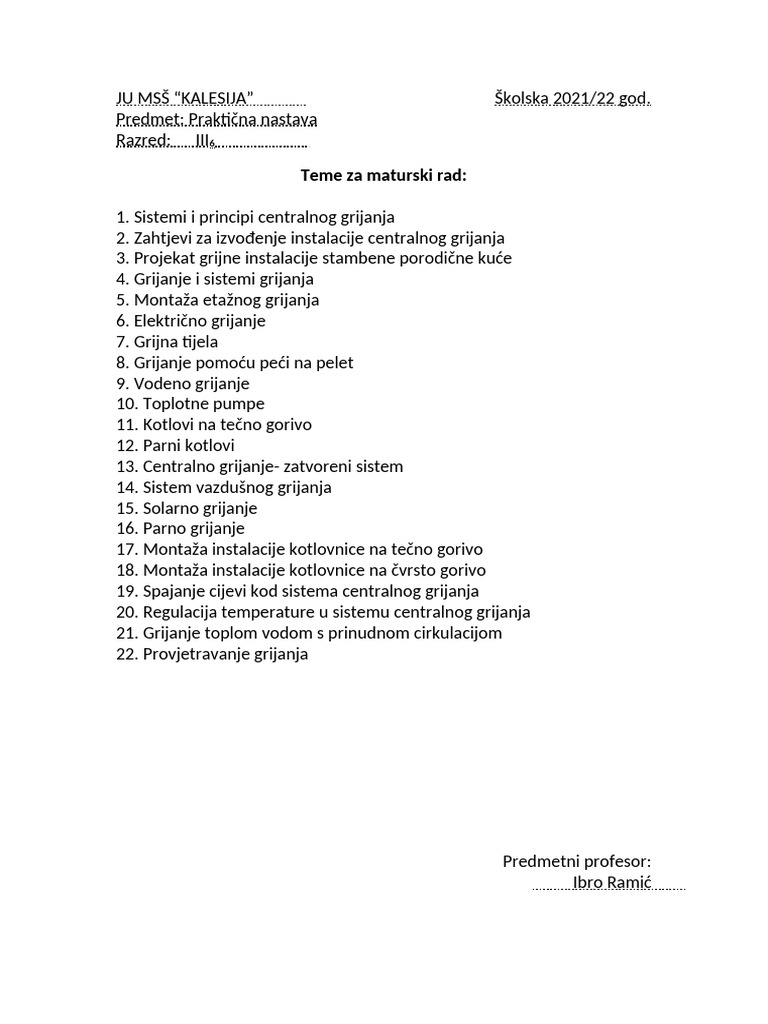 Teme Za Maturski Rad | PDF