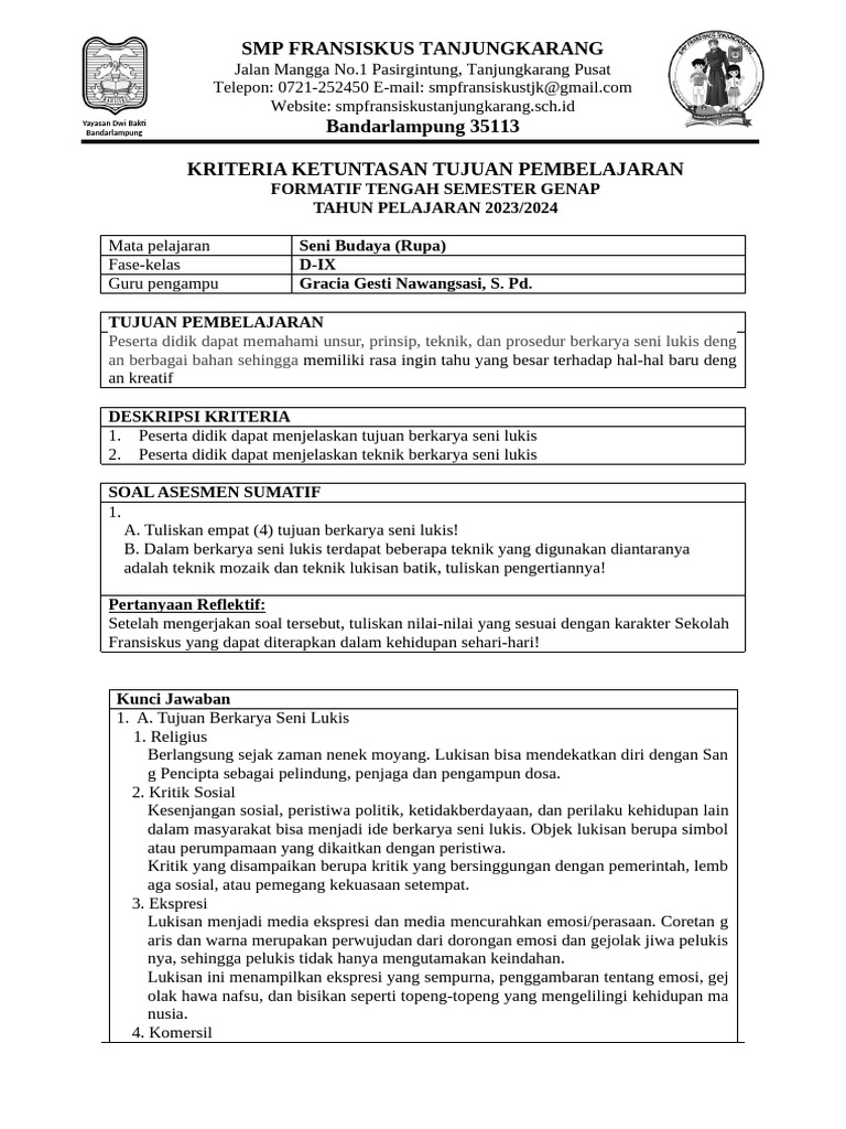 KKTP Seni Rupa Kelas 9. | PDF