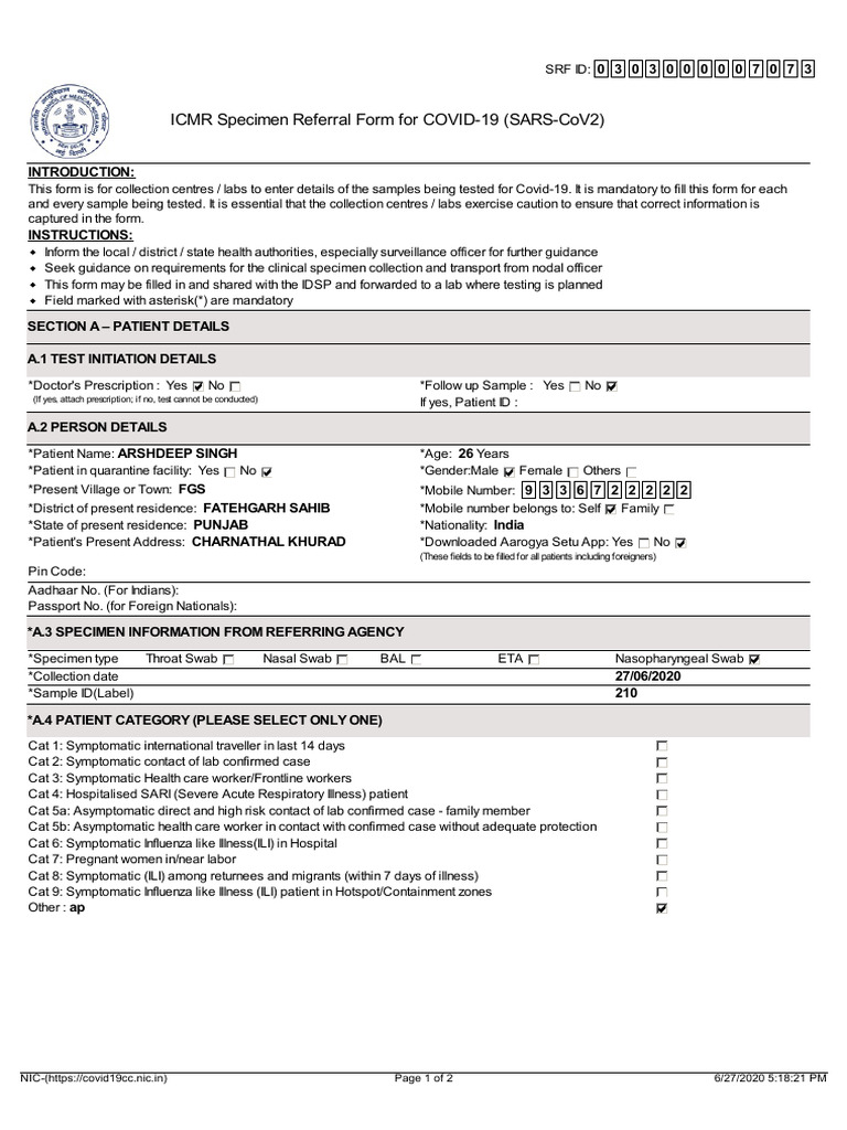 COVID-19 Specimen Referral Form | PDF | Respiratory Diseases | Diseases ...