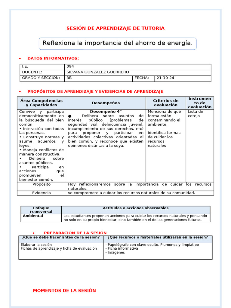 SESION Reflexiona La Importancia Del Ahorro de Energía. | PDF ...