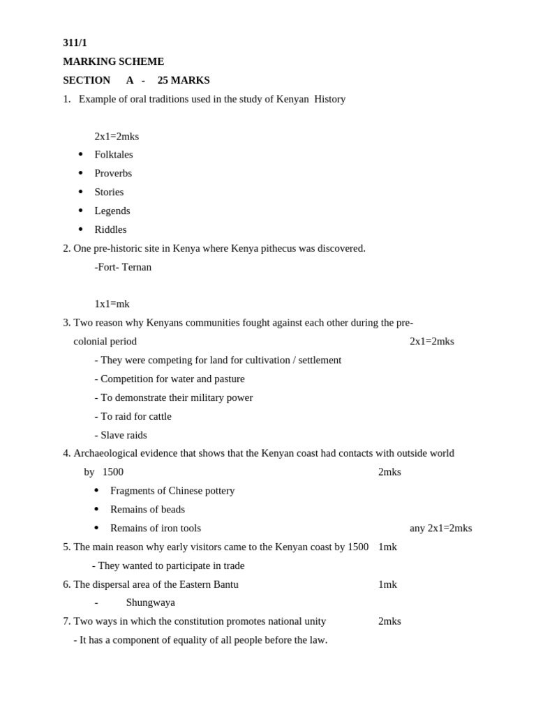 History Government Paper 1 MARKING SCHEME | PDF | Kenya | Government