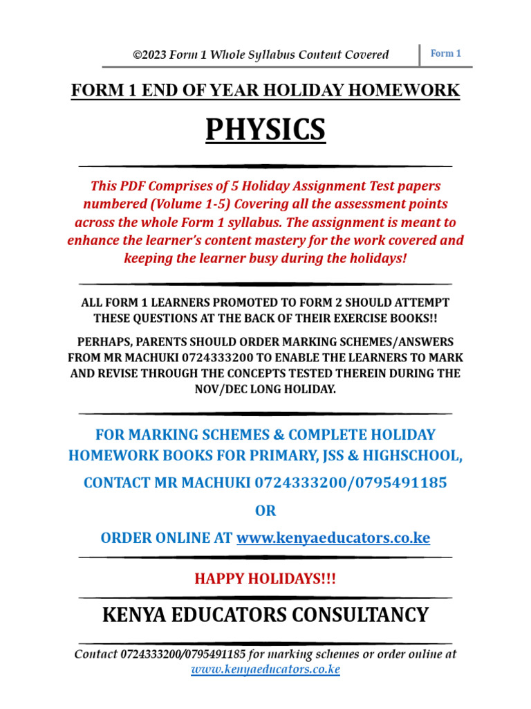 F1 Phy End of Year Holiday Assignment | PDF | Density | Liquids