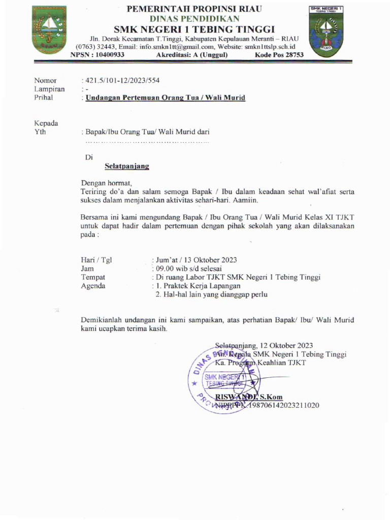 Undangan Rapat Orang Tua Kelas Xi TJKT | PDF