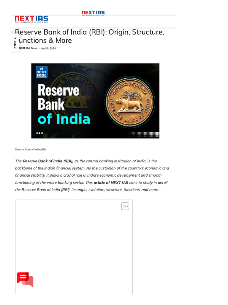 Reserve Bank of India (RBI) - Origin, Structure, Functions & More | PDF ...