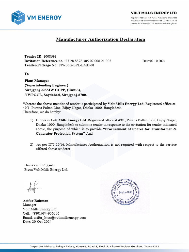 Manufacturer Authorization Declaration | PDF