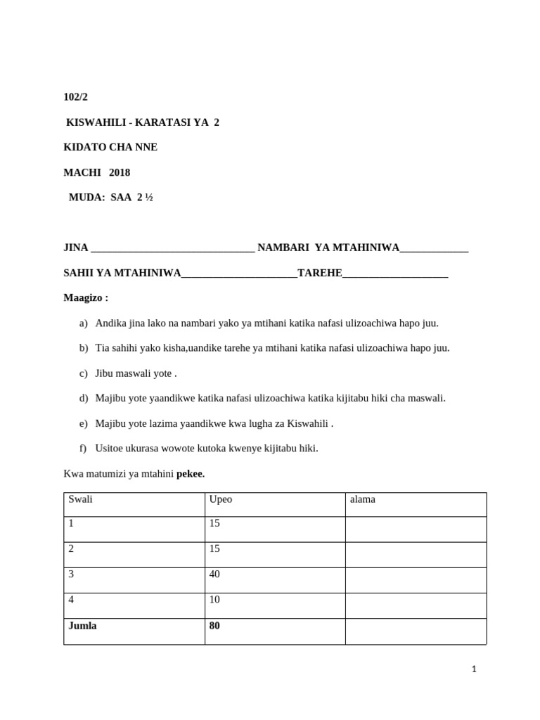 Kiswahili Kidato Cha Nne pp2 | PDF