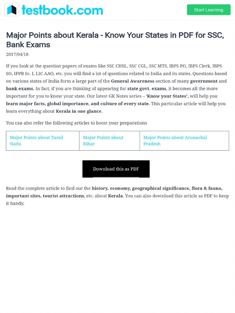 Major Points Kerala Know Your States in PDF For SSC Bank Exams | PDF