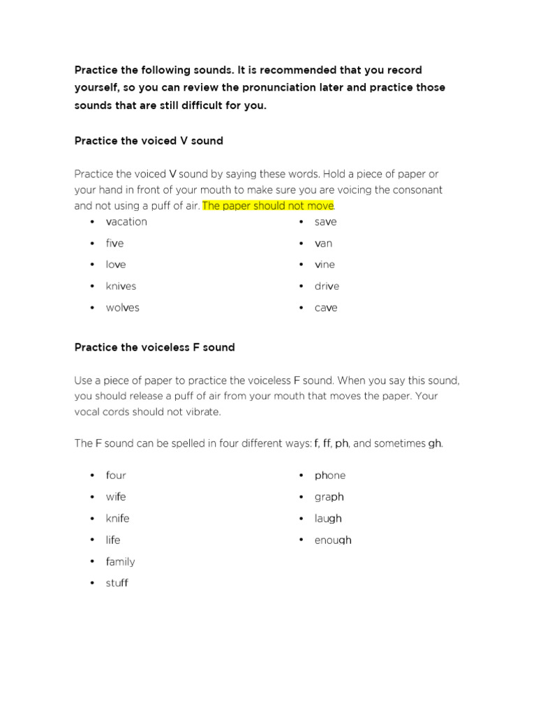 Practice Voiced V and Voiceless F Sounds | PDF