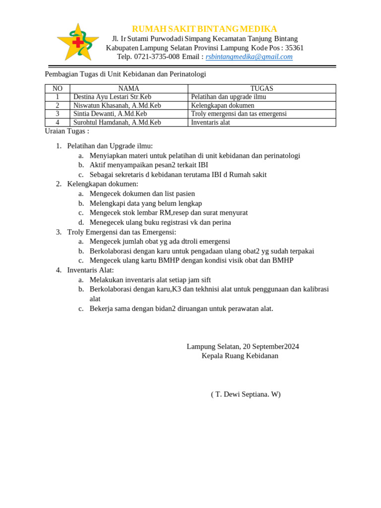 Pembagian Tugas Di Unit Kebidanan Dan Perinatologi | PDF
