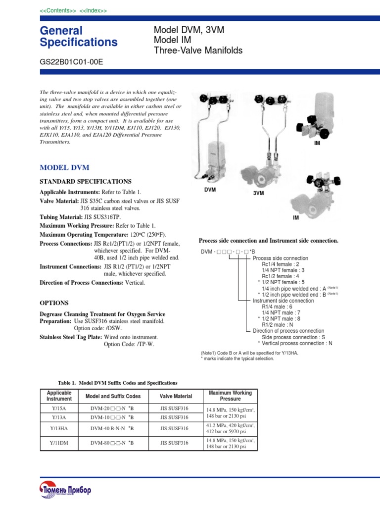 General Specifications: Model DVM, 3VM Model IM Three-Valve Manifolds ...