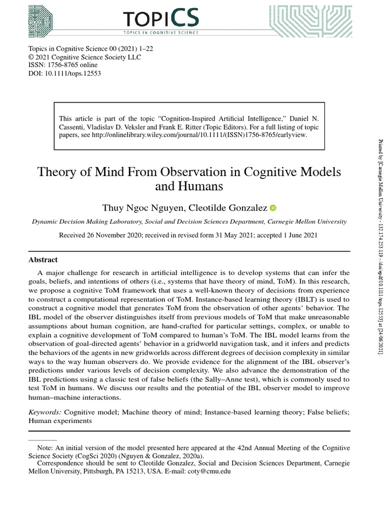 2.theory of Mind Observation in Cognitive Models and Humans | PDF ...