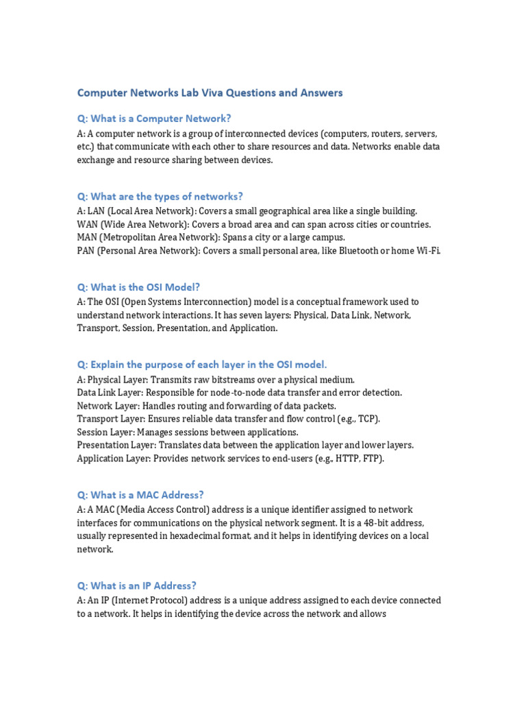 Computer Networks Lab Viva Questions | PDF | Computer Network | Internet Protocols