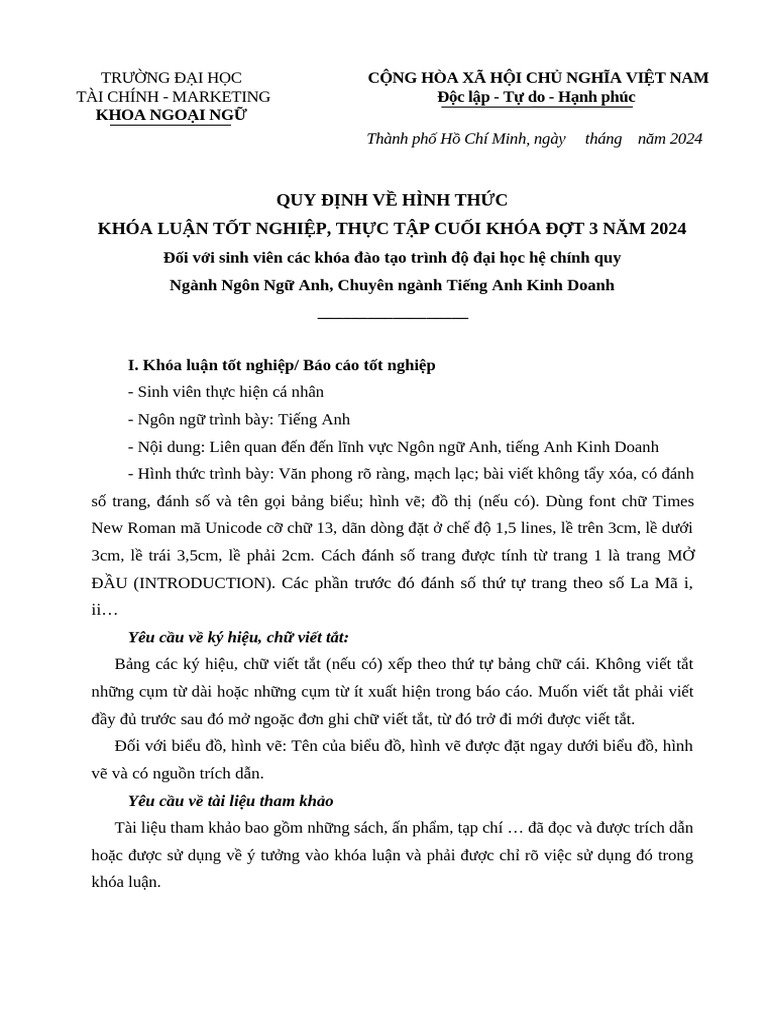 1. Quy định hình thức KLTN-TTCK Đợt 3 - 2024 | PDF