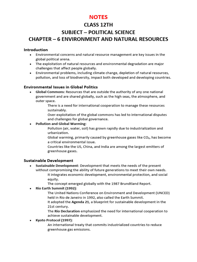 Class 12 Political Science: Environment Notes | PDF | Climate Change ...