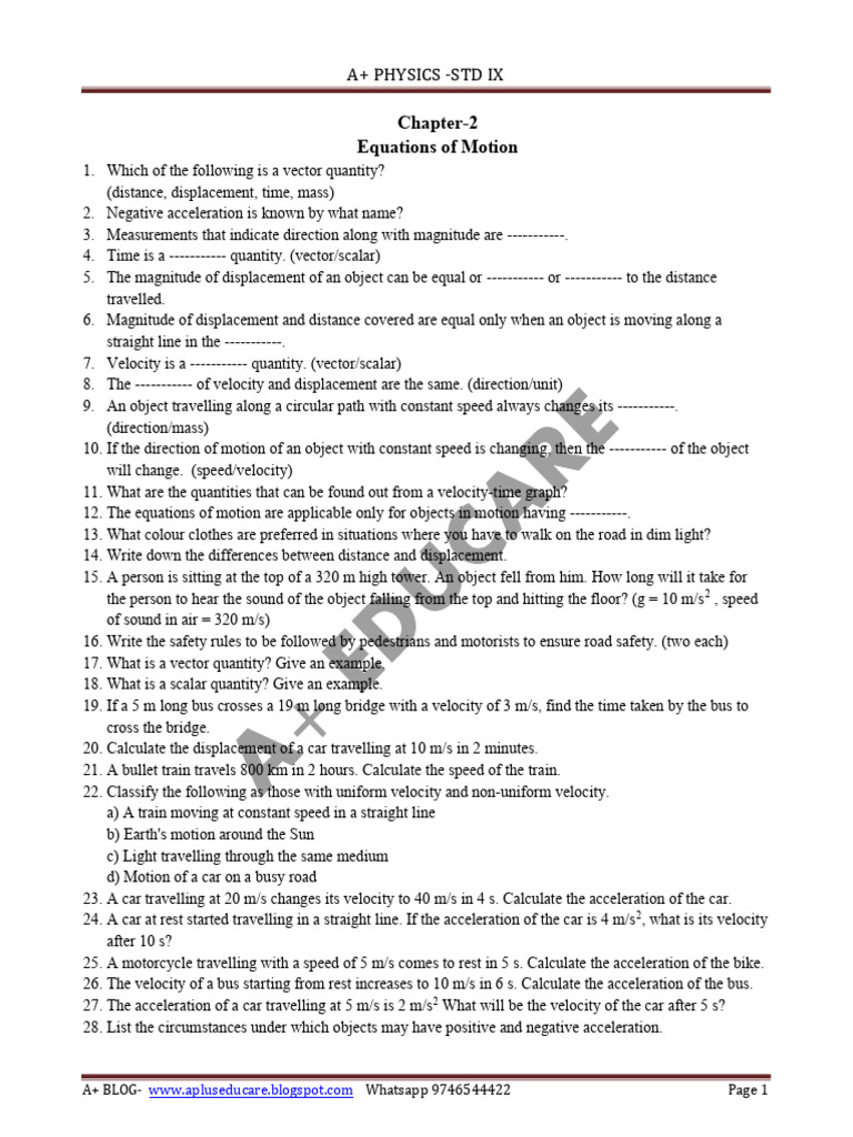 A+ Blog-Std 9-Physics-Chapter-2-Practice Questions (Em) | PDF | Velocity | Acceleration