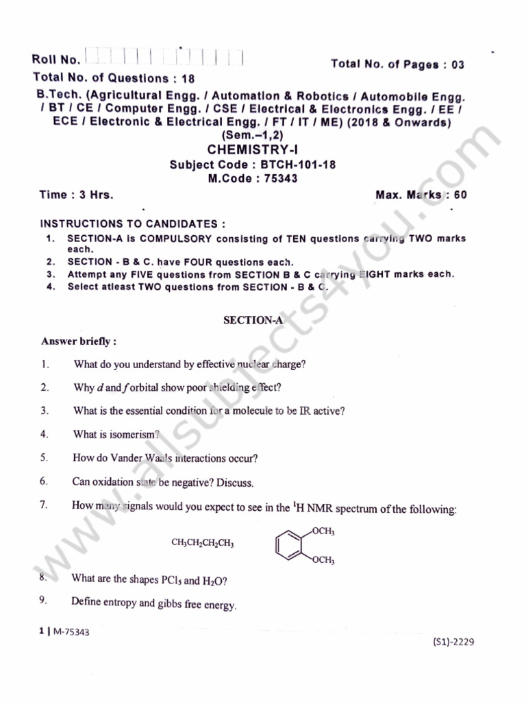 B.Tech Sem. 12 BTCH 101 18 Chemistry 1 | PDF | Schrödinger Equation ... B.Tech Sem. 12 BTCH 101 18 Chemistry 1 | PDF | Schrödinger Equation ...