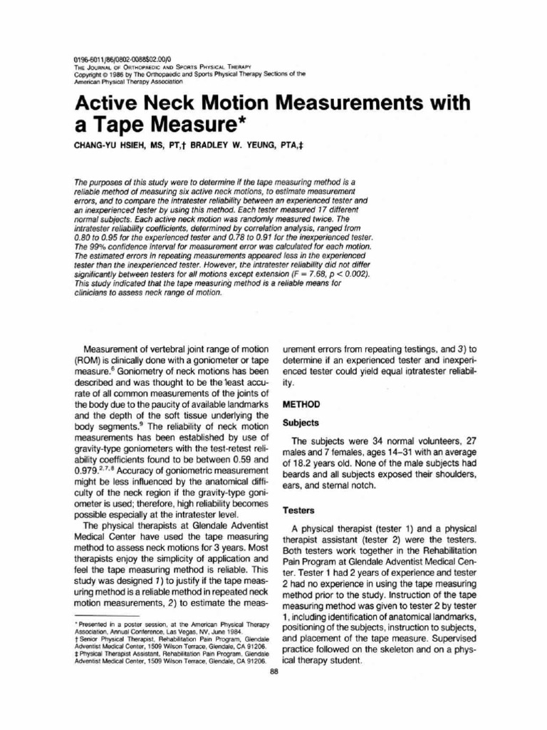 Hsieh Yeung 1986 Active Neck Motion Measurements With A Tape Measure ...