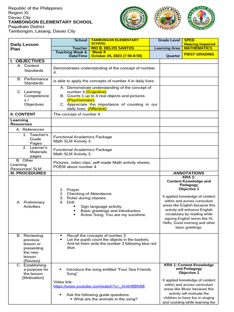 SPED Daily Lesson Plan: Number 4 | PDF | Learning | Educational Assessment