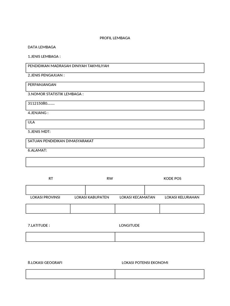 Format Data Lembaga Pengajuan Ijin Operasional Mdta | PDF