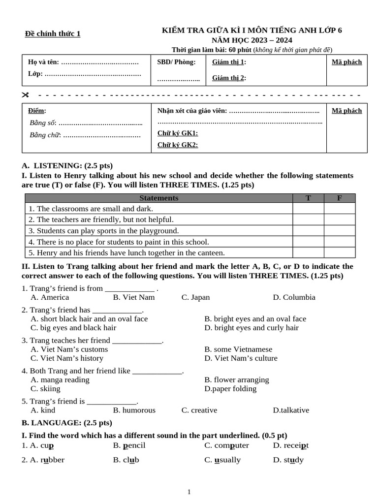 Anh 6 Midterm Test Pdf Vietnam