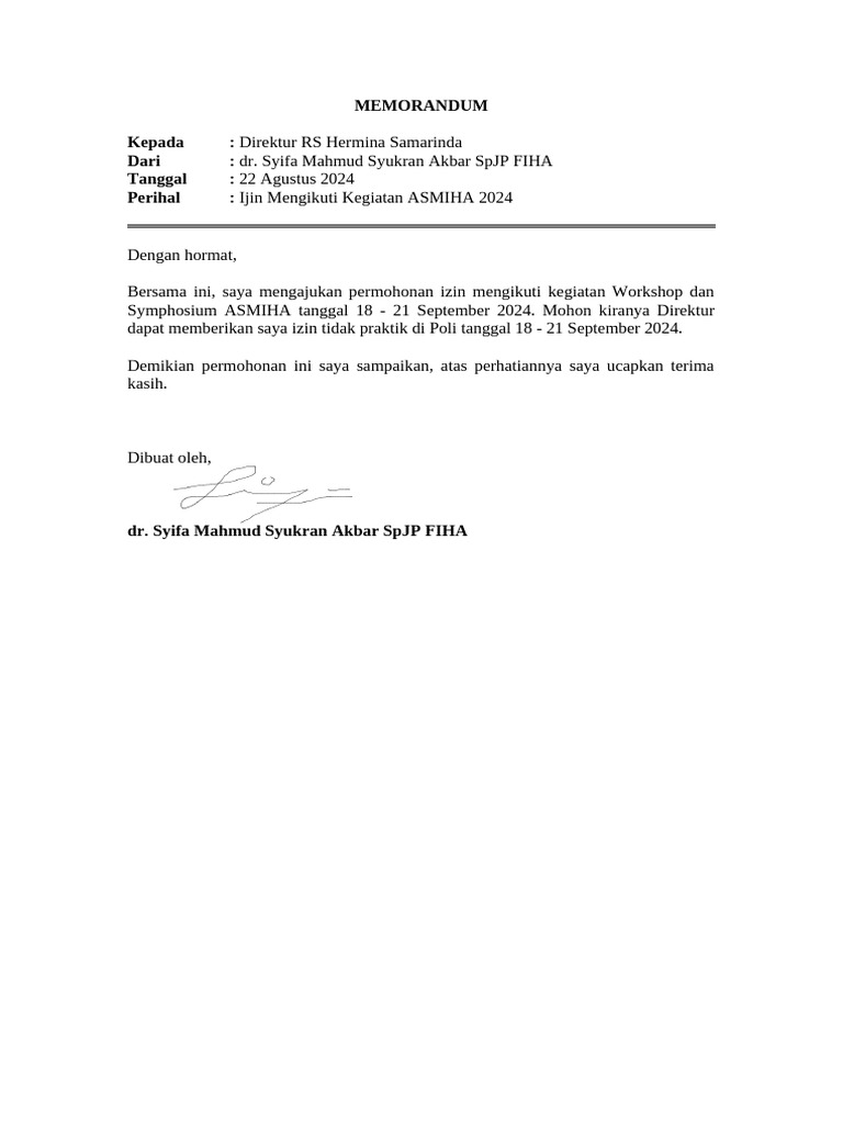 Permohonan Izin Kegiatan ASMIHA 2024 | PDF