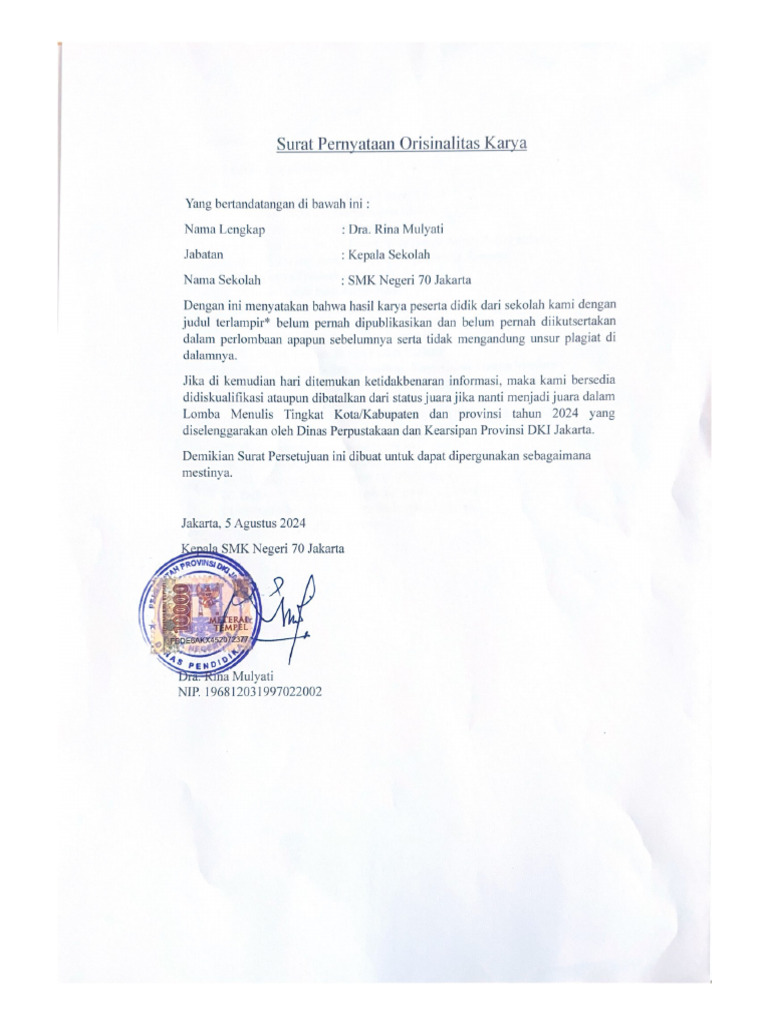 Surat Pernyataan Orisinalitas Karya | PDF