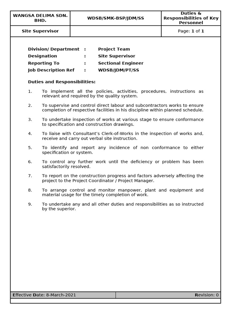 06 - JDM S1 - Site Supervisor | PDF | Technology & Engineering