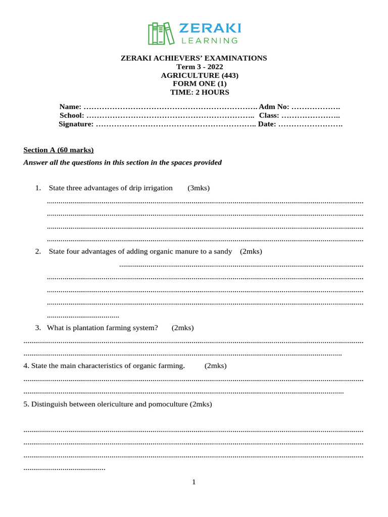 Agriculture Form 1 (2) - 085338 | PDF | Agriculture | Tillage