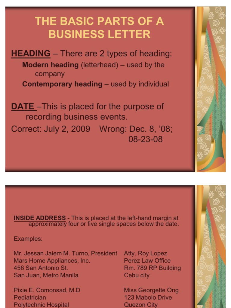 Basic and Miscellaneous Parts of Business Letter | PDF | Language Arts ...