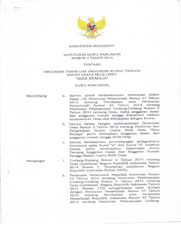 Perwu No 4 Th. 20216 Tentang Adrt Bumdes Bina Remaja | PDF