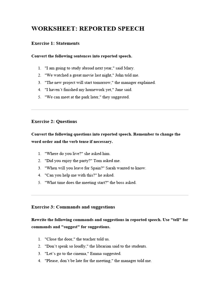 Reported Speech Worksheet | PDF | Linguistic Morphology | Semantic Units