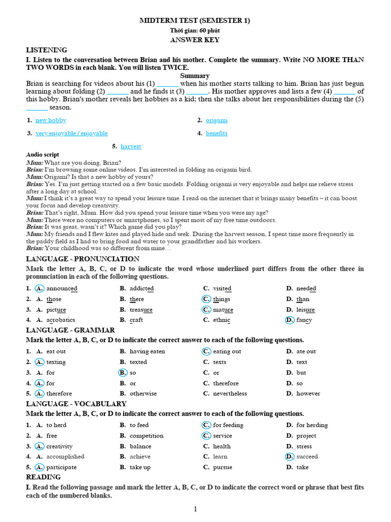 English 8 - MIDTERM TEST (SEMESTER 1) | PDF | Adolescence | Social ...