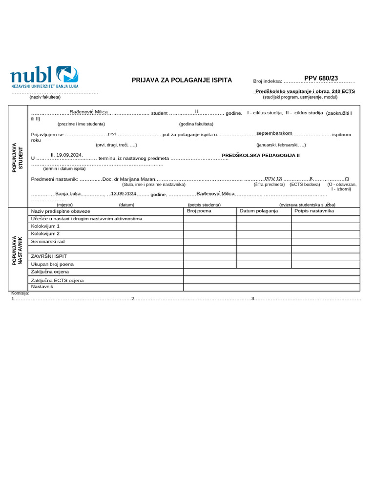 Prijava Za Polaganje | PDF
