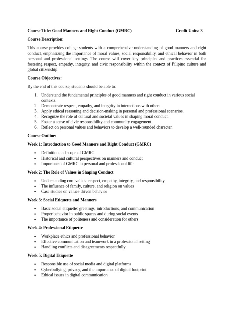 Course Outline GMRC Values Ed | PDF | Etiquette | Justice