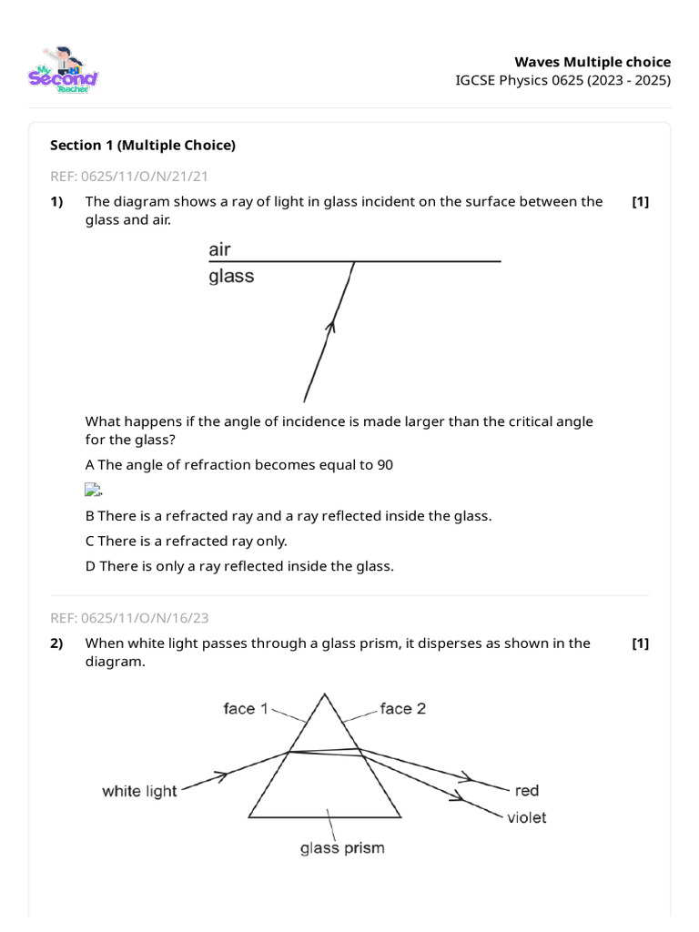 Waves Multiple Choice Question Paper | PDF | Waves | Refraction