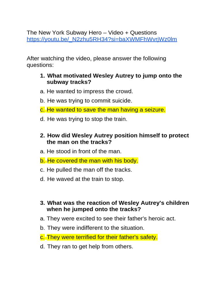 The New York Subway Hero - Video + Questions Https - Youtu | PDF ...