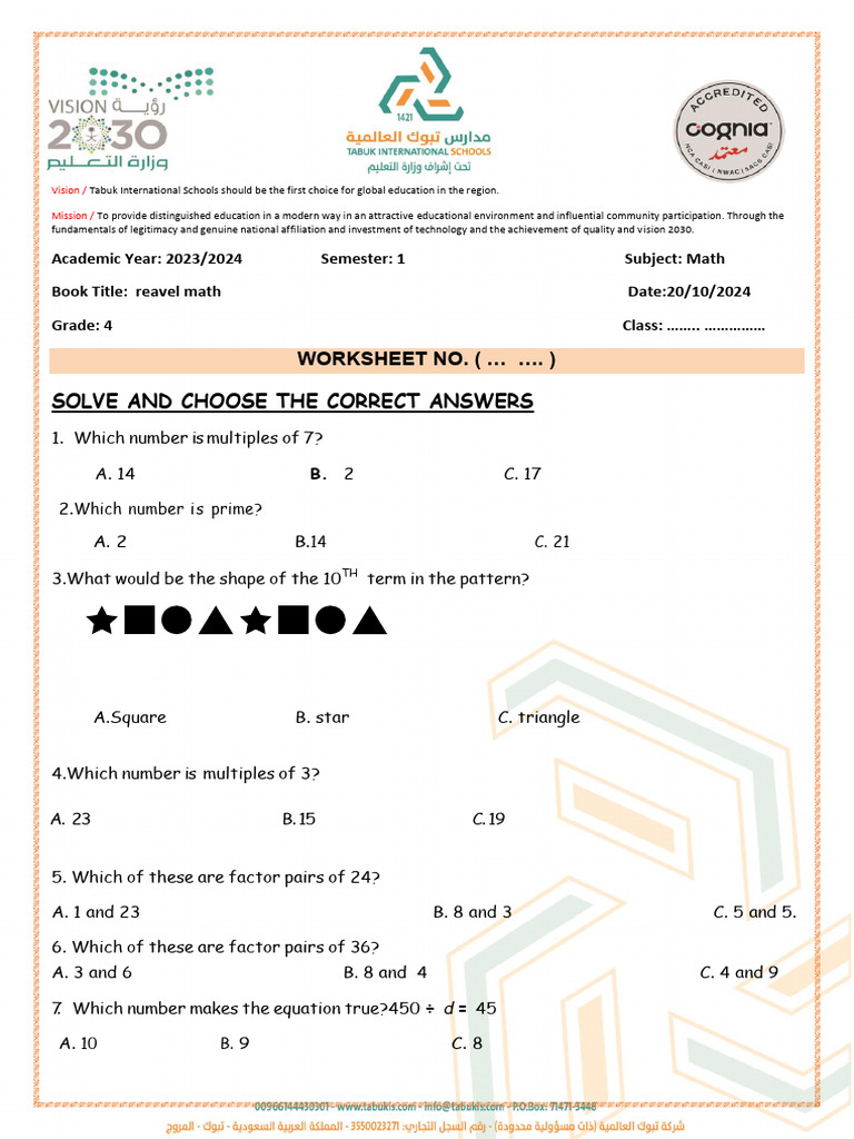 Grade 4 Worksheet 3 Semester 1 | PDF | Prime Number | Mathematical Concepts
